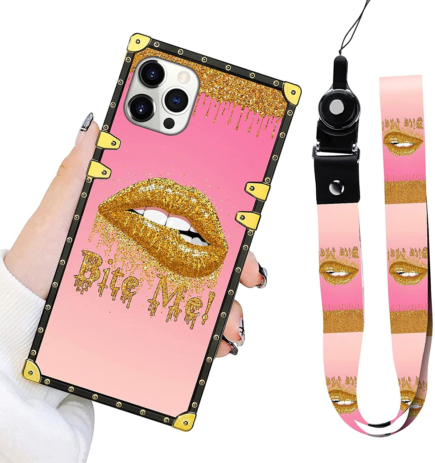 iPhone 13 Pro Max Women's Gold Glitter Case with Strap