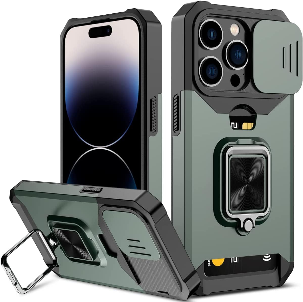 iPhone 14 Pro Case Sliding Camera Cover Card Holder Heavy 6.1 inch Pur