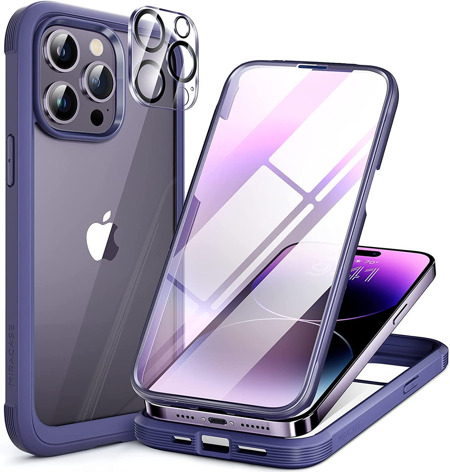 iPhone 14 Pro Newest Full-Body Bumper Case Glass Screen Protector Purple