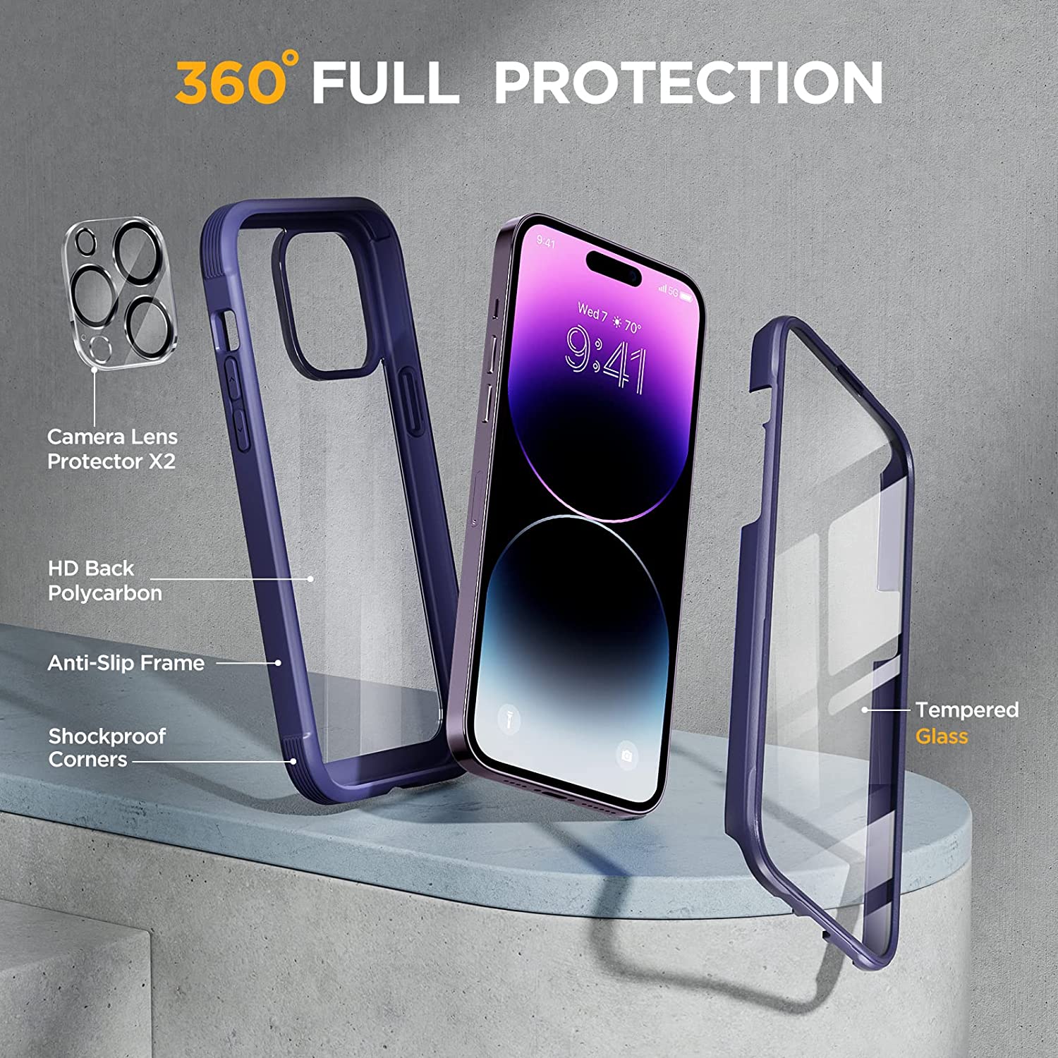iPhone 14 Pro Newest Full-Body Bumper Case Glass Screen Protector Purple