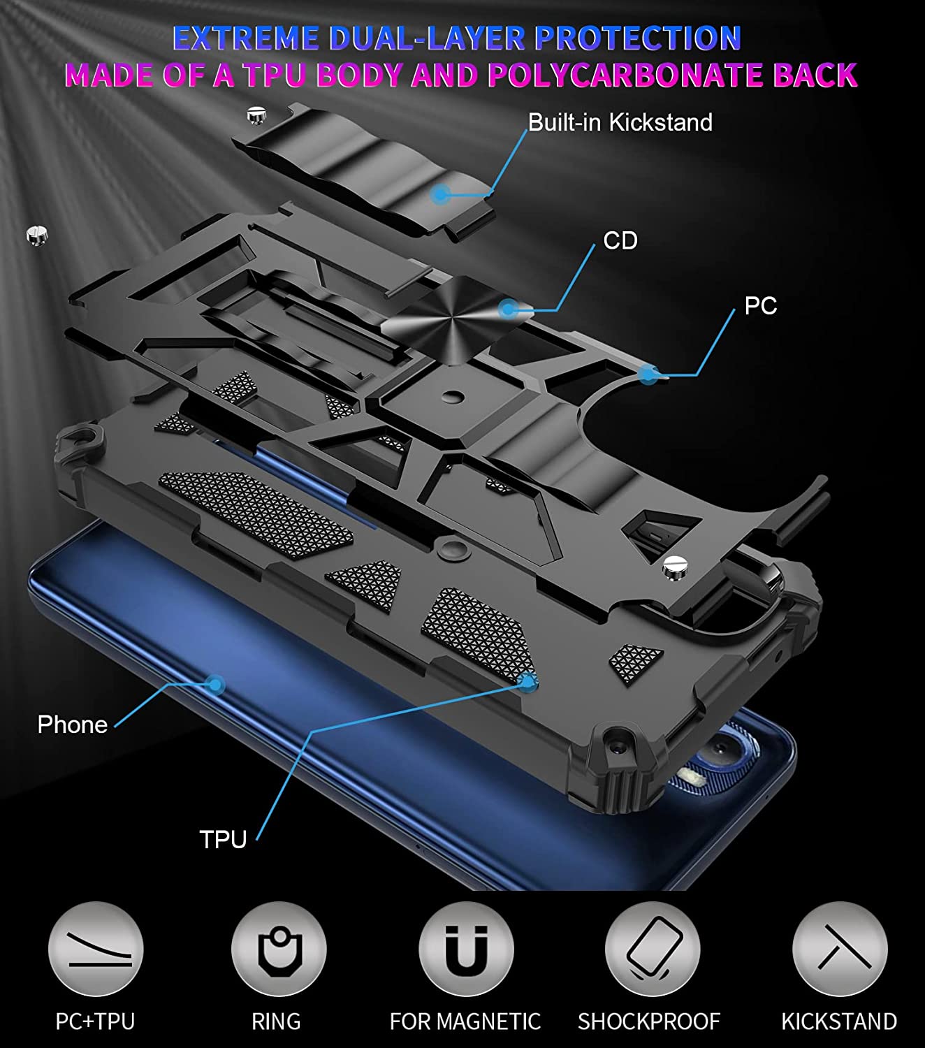 Motorola Edge Plus Case, Moto Edge Tempered Glass Protector Black Marb