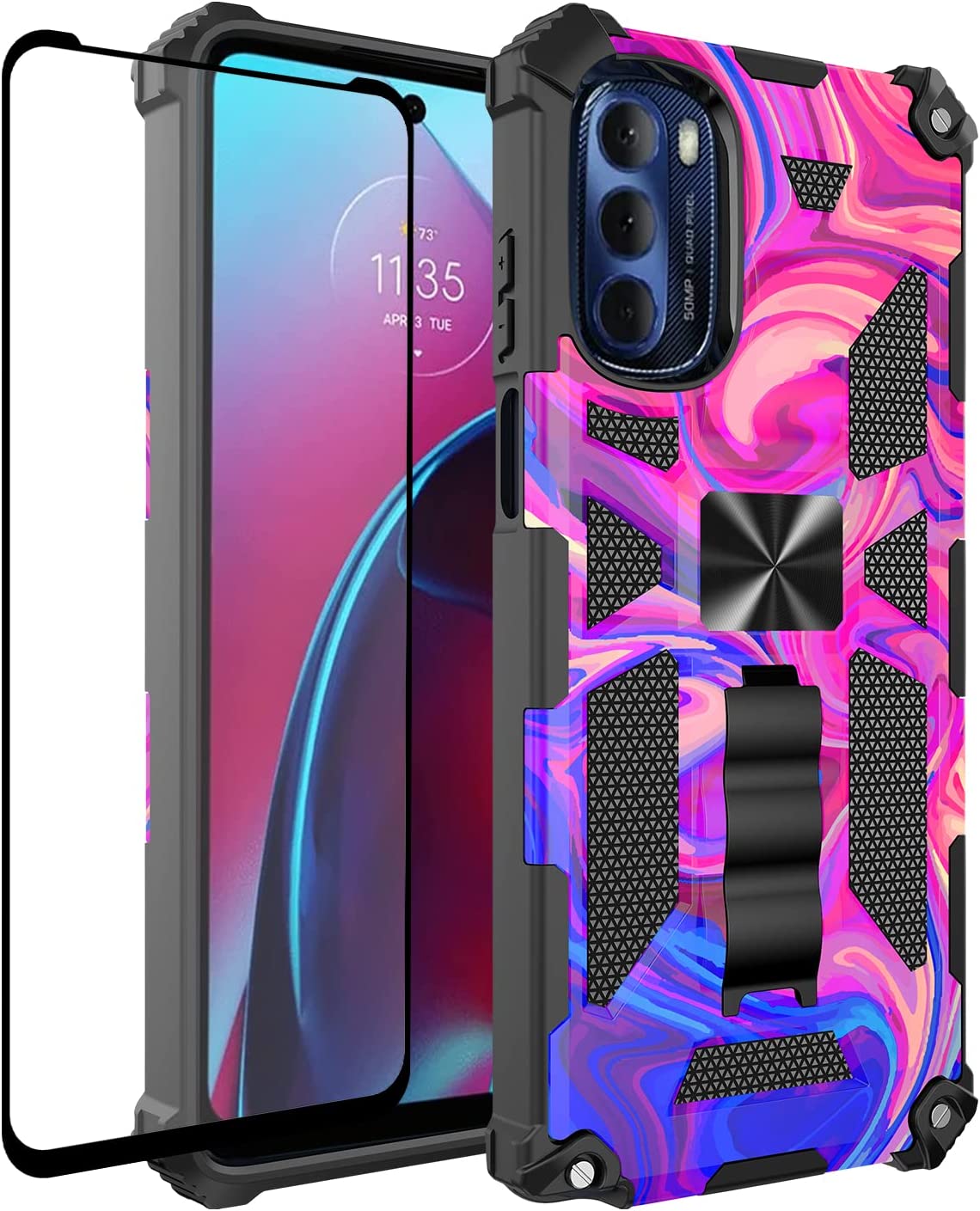 Motorola Edge Plus Case, Moto Edge Tempered Glass Protector Black Marb